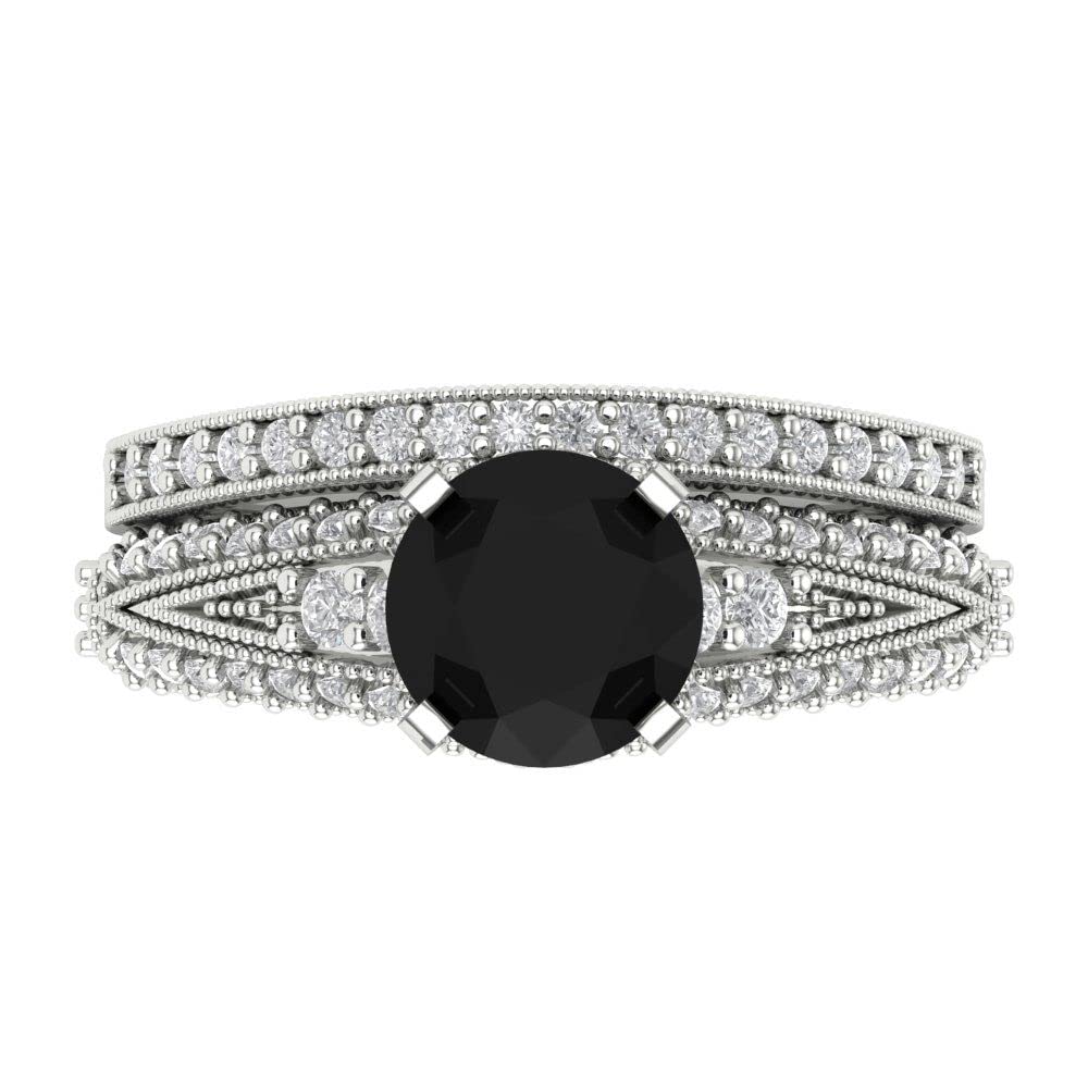 2.10ct Round Cut Laser Engraving Pave Natural Black Onyx Engagement Bridal Wedding Ring Band set Solid 18K White Gold Size 8