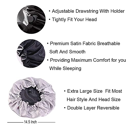 Cospack Satin Bonnet Sleep Bonnet Cap - Extra Large Double Layer Reversible Adjustable Satin Cap for Sleeping Hair Bonnet (L.blue+Beige)