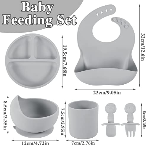 6 Pack Silicone Baby Feeding Set Baby Led Weaning Supplies with Suction Bowl Divided Plates Bib Tiny Cup Baby Dishes with Spoon Fork, Toddler Infant Self Feeding Eating Utensils Set(Gray)