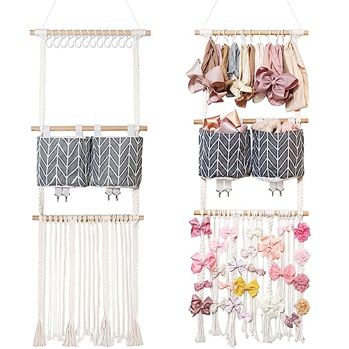 Bow Organizer for Girls Hair Bows,Baby Headbands Organizer with Pocket Storage Wall Hanging Decor Hair Accessories for Baby Girls Toddlers Nursery Room