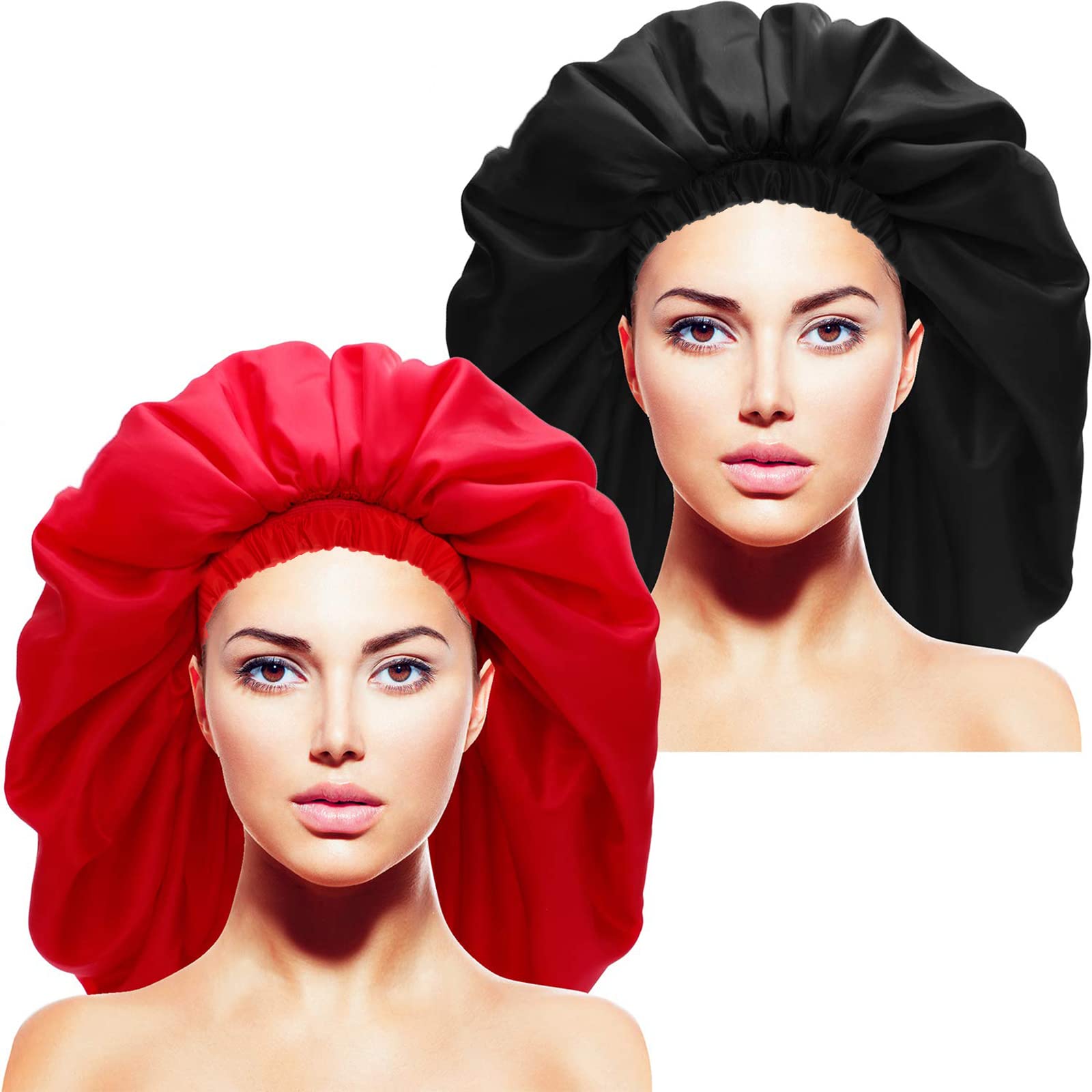 2 Pieces Extra Large Sleep Cap Jumbo Cap Large Satin Bonnet with Comfort Elastic Band (Red and Black)