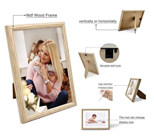 Alkerman 5x7 Picture Frame,Display Pictures 4x6 with Mat or 5x7 Without Mat, Natural Wood with High Definition Glass for Table Top Display and Wall Mounting Photo Frame