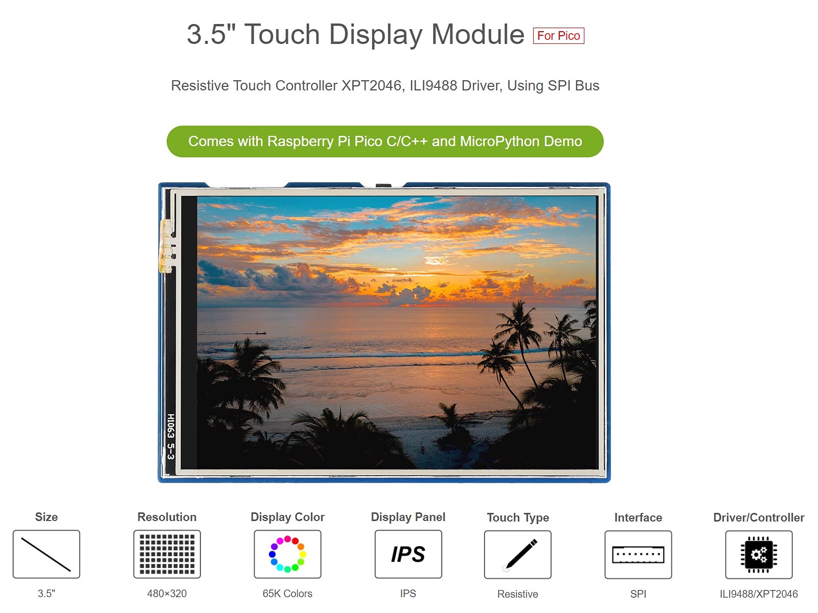 waveshare for Raspberry Pi Pico LCD 3.5inch Touch Display Module 480×320 Resolution 65K Colors Display IPS Screen,Resistive Touch Controller XPT2046, ILI9488 Driver, Using SPI Bus