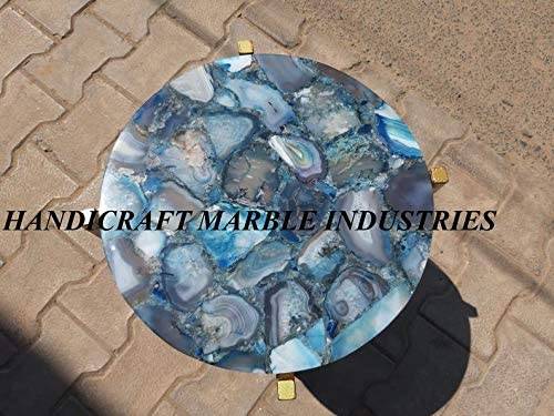 21" Inch Round Blue Agate Table With Stand, Blue Agate Side Table And Stand, Customized Blue Agate Table