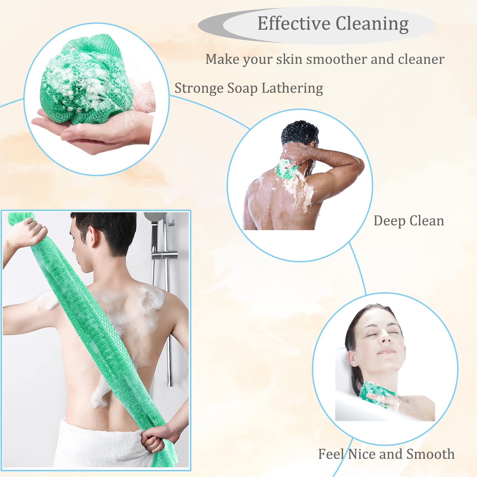 3 Pcs African Exfoliating Net, African Long Bath Net Sponge, Exfoliating Mesh Washcloth Body Scrubber Back Scrubber Skin Smoother, Bath Sponges for Daily Use (Blue, Pink, Green)