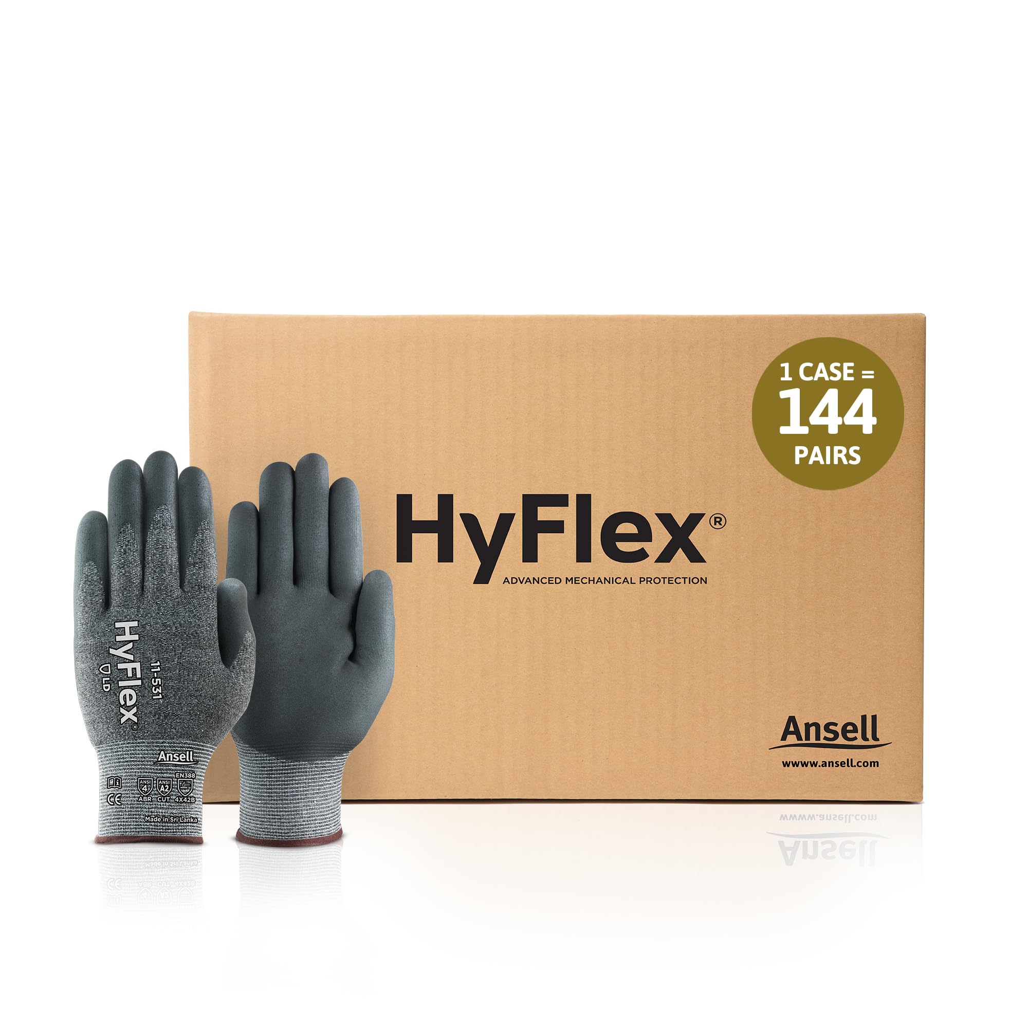 Ansell HYFLEX 11-531 Cut-Resistant Nylon Spandex Industrial Gloves w/Foam Nitrile Palm for Fabrication, Automotive - Medium (8), Grey (144 Pairs)