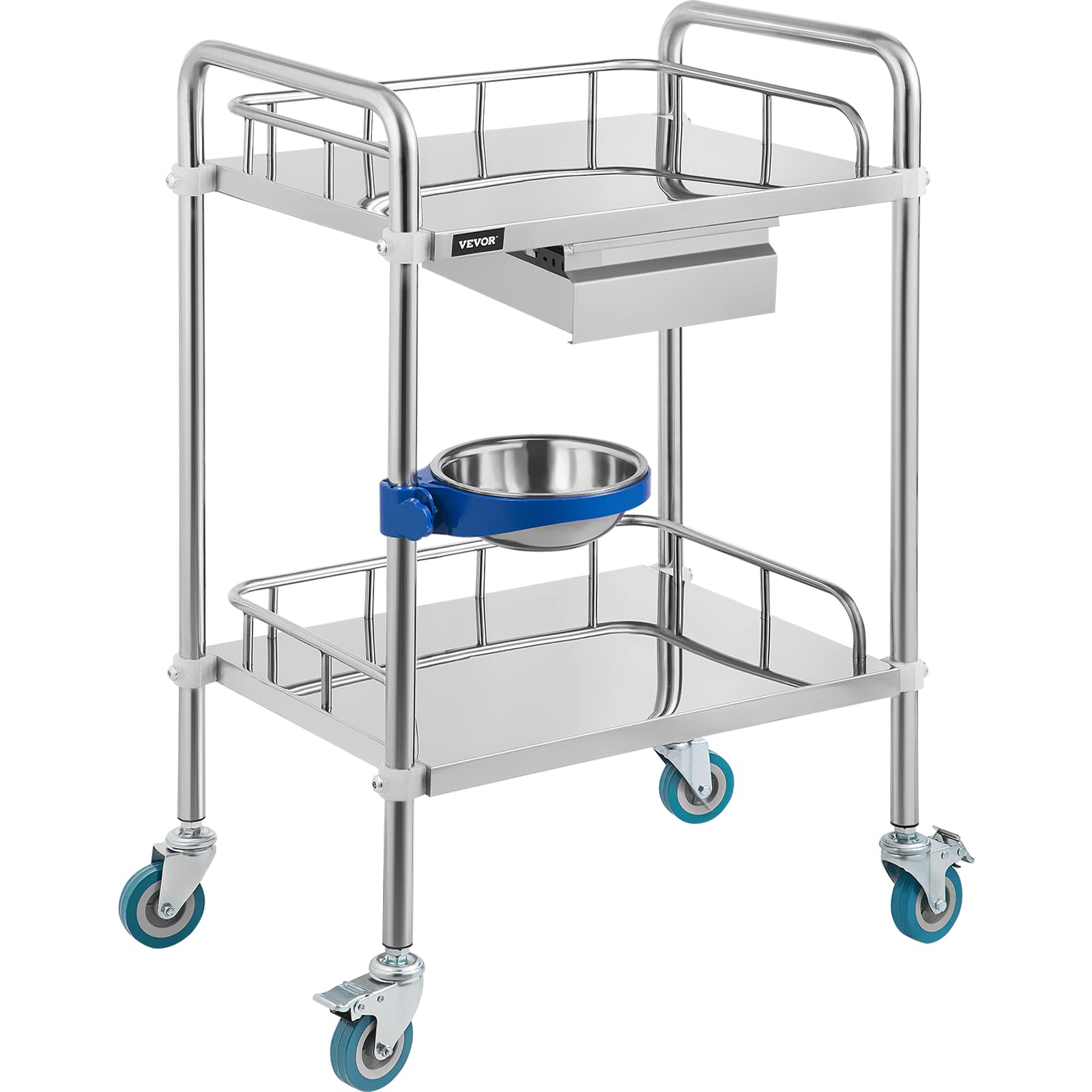 VEVOR Lab Cart 2 Layers Dental Cart with 1 Drawer Stainless Steel Cart 1 Refuse Basin Lab Utility Cart w/Silent Omnidirectional Wheels Stainless Utility Cart for Laboratory Hotel Restaurant Home Use