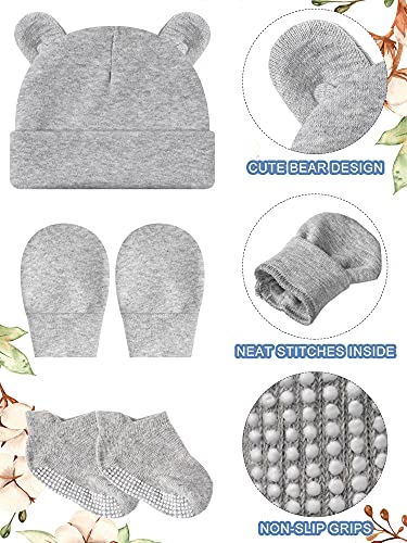 Baby Ears Newborn Hats Mittens and Socks Set for Boys Girls Beanie Hat 0-6 Month (White, Black, Gray, Light Blue, Navy Blue,5 Set)