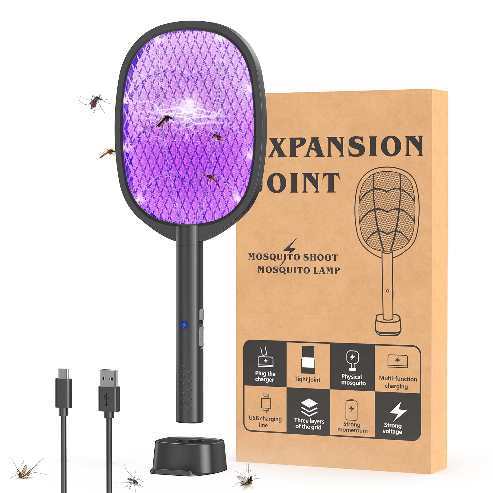 2 Pack Electric Fly Swatter 2 in 1 Bug Zapper Racket & Mosquito Zapper,4000V with USB Charging Base,Powerful Mosquito Swatter with 3 Layers of Safety Net Suitable for Indoor and Outdoor…