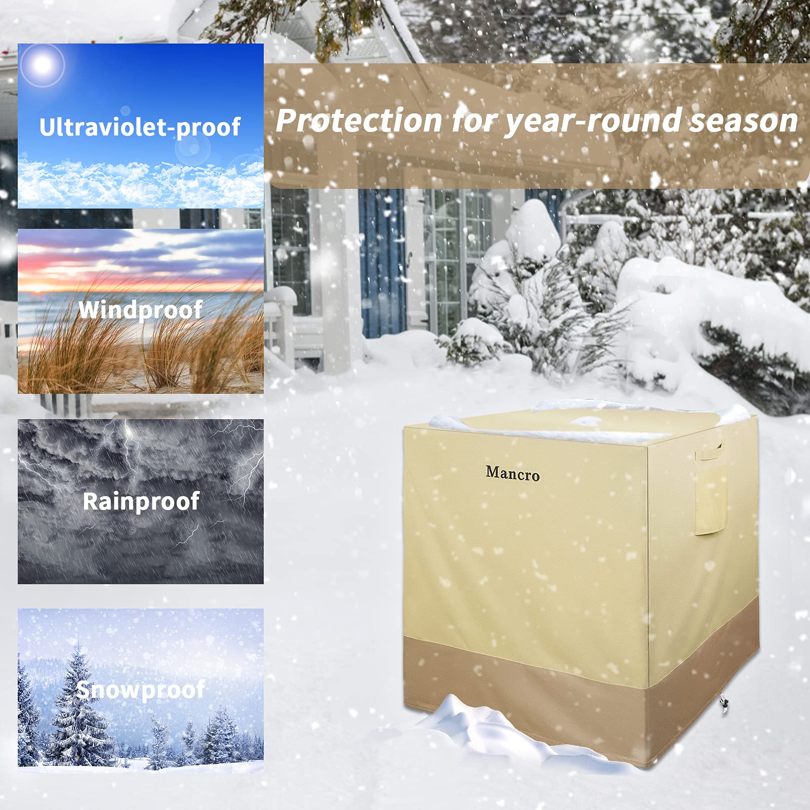 Air Conditioner Covers for Outside Units,Mancro Central Air Conditioner Cover Fits up to 36 x 36 x 39 inches,Durable Water Resistant Heavy Duty Windproof Square AC Covers,Grey