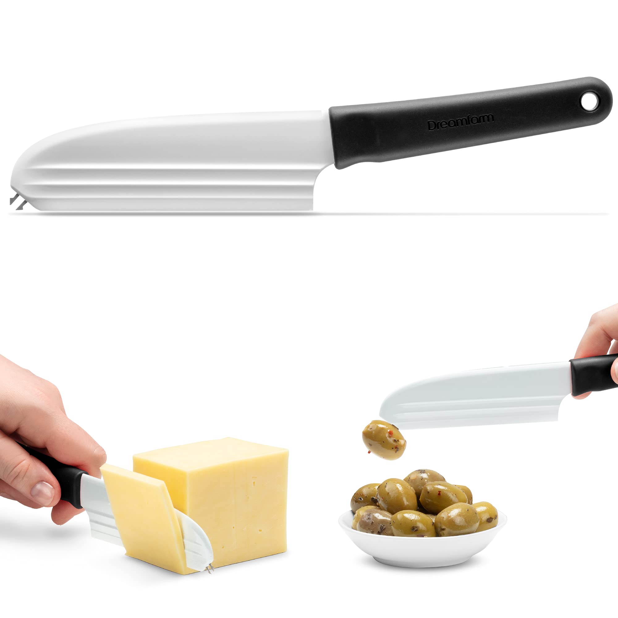 Dreamfarm Knibble Lite 3-in-1 Non-Stick Cheese Knife for Charcuterie, Slicing, Spreading, with Built-in Fork to Serve & Share Foods - 9" Black