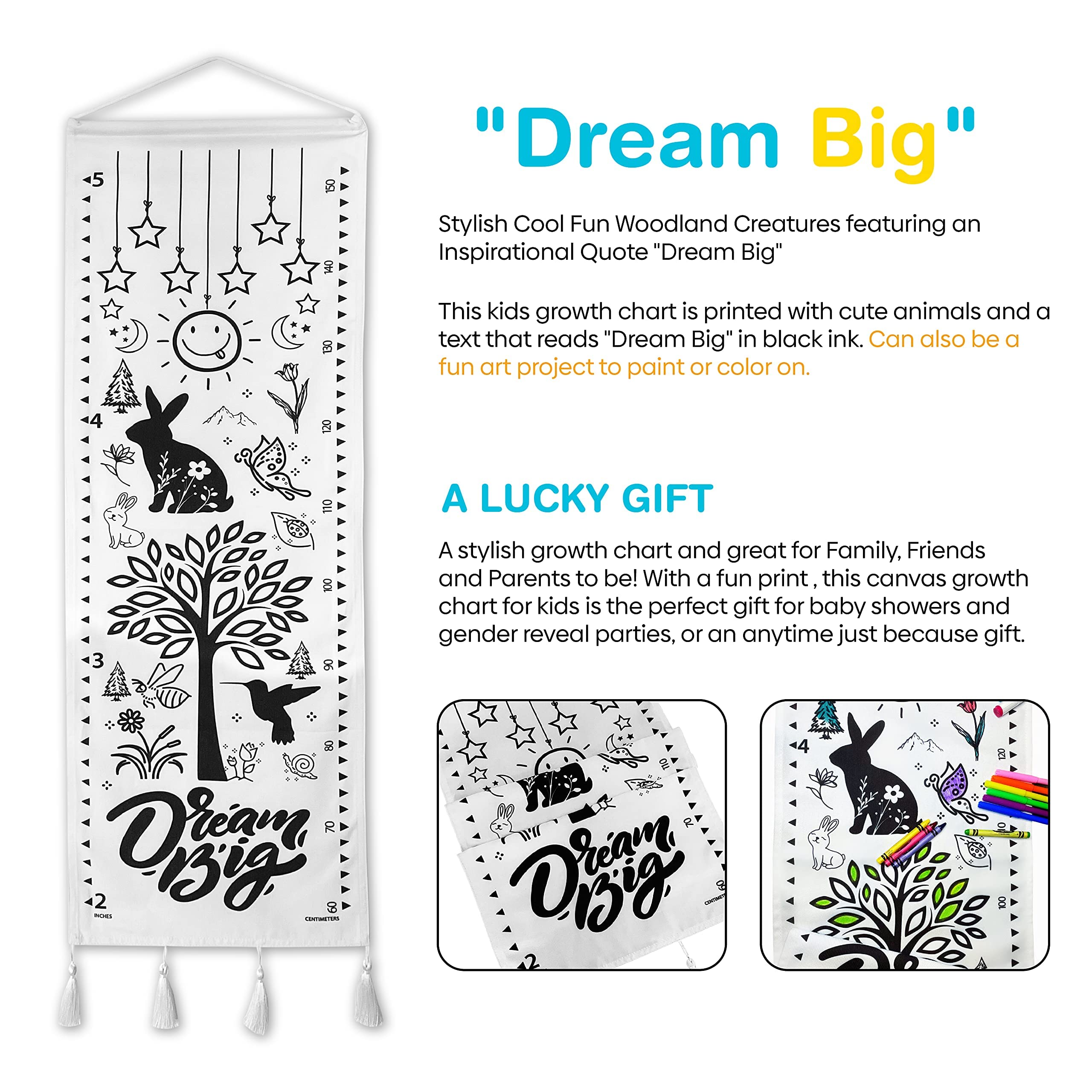 Canvas Growth Chart for Kids for Measuring Height Against The Wall Unique Gift Ideas, Gender Neutral Measure Toddler’s Growth for Boys and Girls Strong Fabric Height Ruler