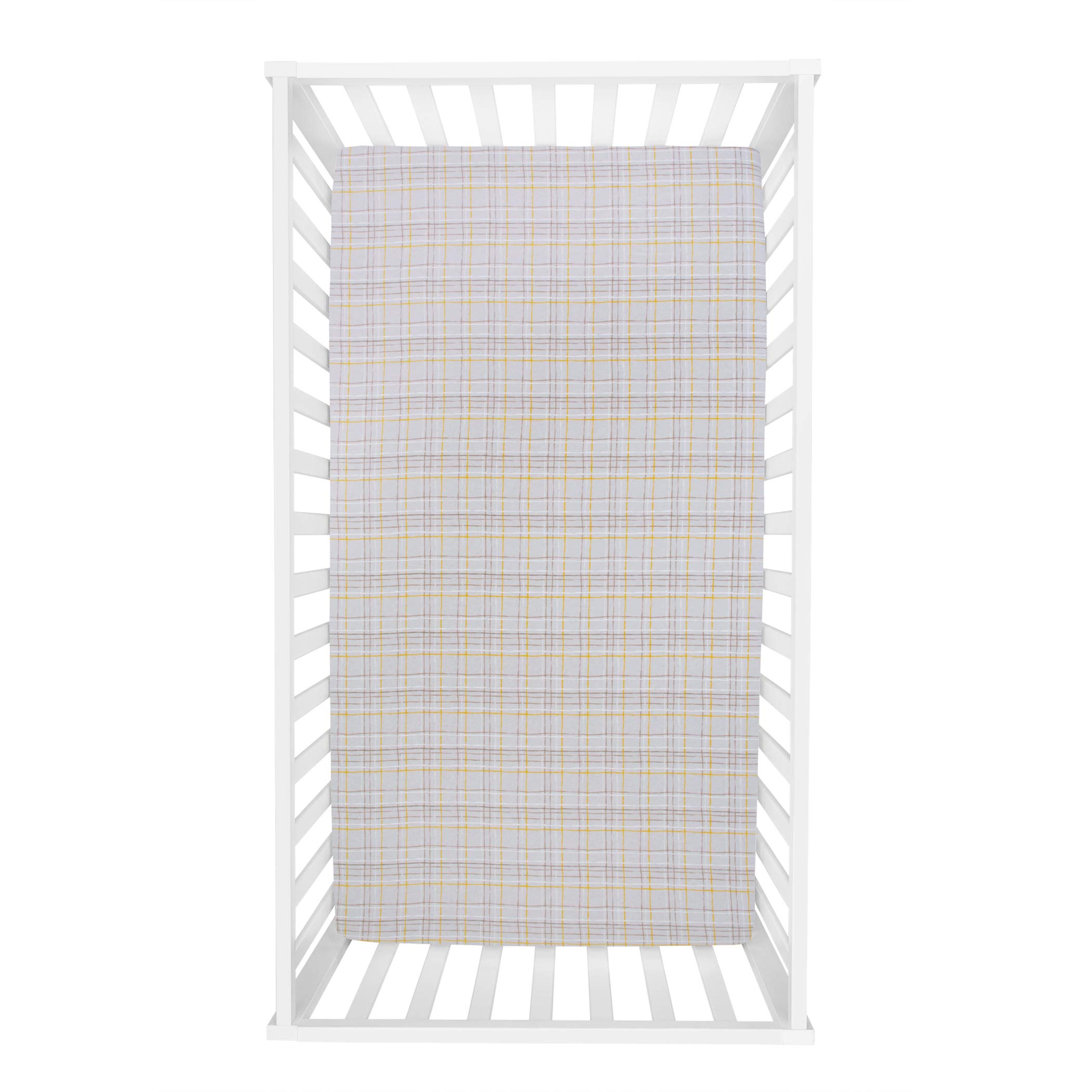 Country Plaid Deluxe Flannel Fitted Crib Sheet-Plaid Print Cotton Flannel, Grays, Brown, White, Mustard Yellow, Fully Elasticized, 10 in Deep Pockets, Fits Standard Crib Mattress 28 in x 52 in