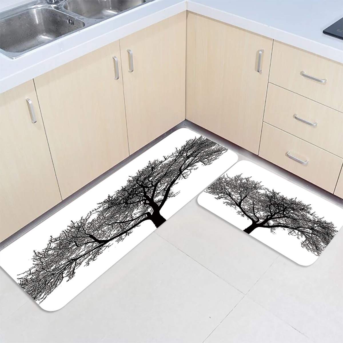 2 Pieces Kitchen Rugs Sets, Tree Stem Trunk Branches Black and White Non-Slip Hallway Stair Runner Rug Mats Doormat for Floor, Office, Sink, Laundry
