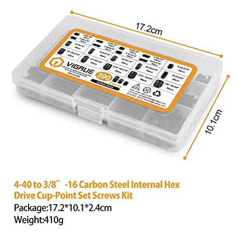 VIGRUE 390Pcs #4-40 to 3/8"-16 SAE Hex Allen Head Socket Set Screws Grub Screw Bolts Assortment Kit, Carbon Steel Internal Hex Drive Cup-Point Screws with 7pcs Hex Wrenches