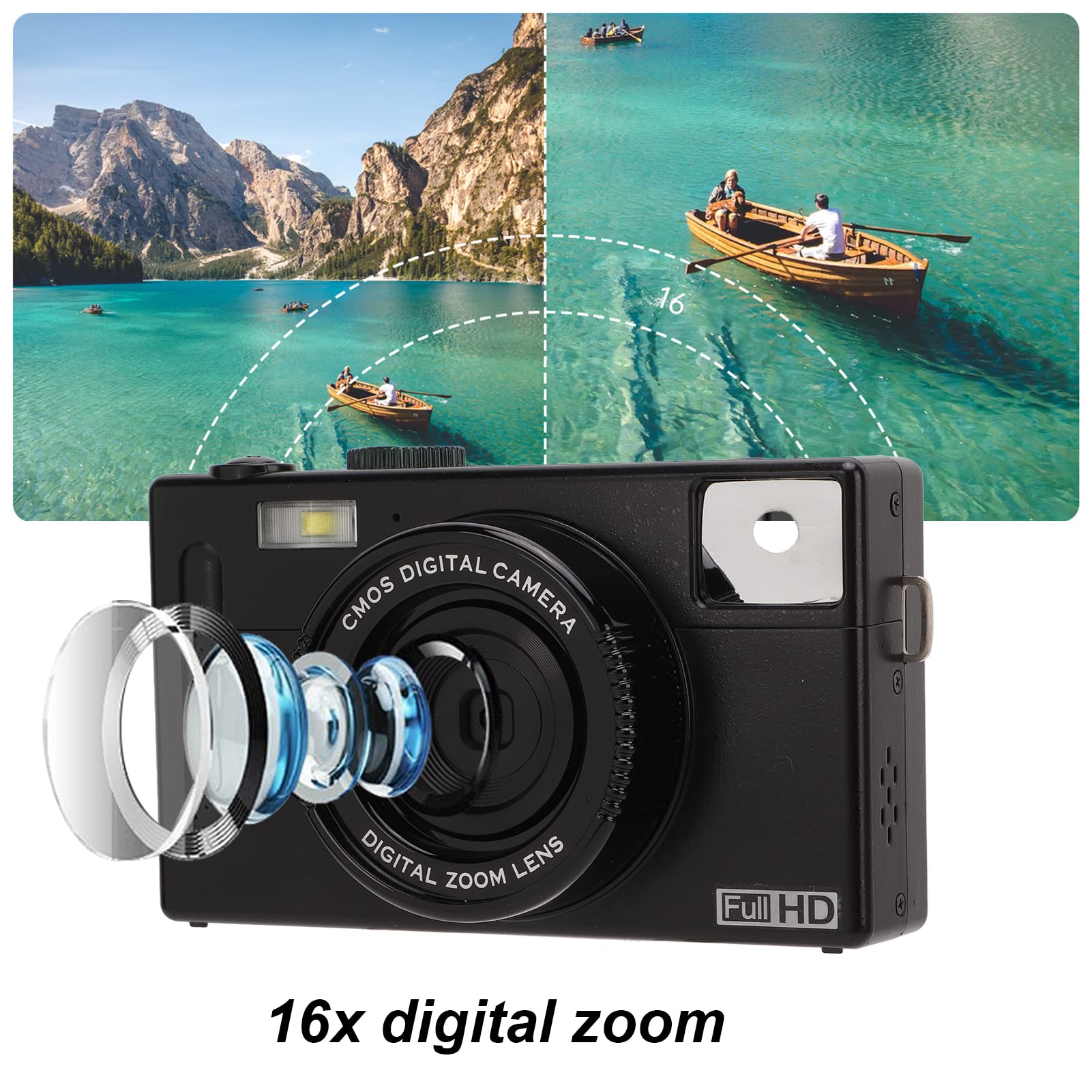 16X Digital Camera, 3 inch TFT LCD 24MP Portable 1080P FHD Micro Single Camera, 1500mAh Rechargeable, for Beginners, Children, Teenagers, Friends(Black)