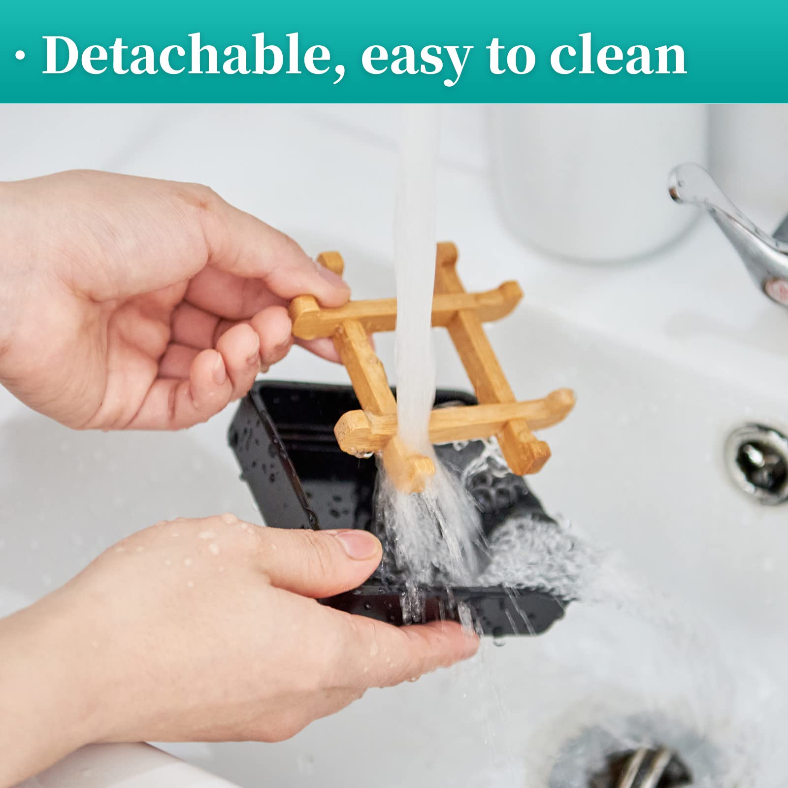 Wooden Bamboo Square Soap Dishes for Bar Soap Holder for Shower with Drain for Bathroom Small Soap Dish Detachable(Double Pack Right Angle Black)