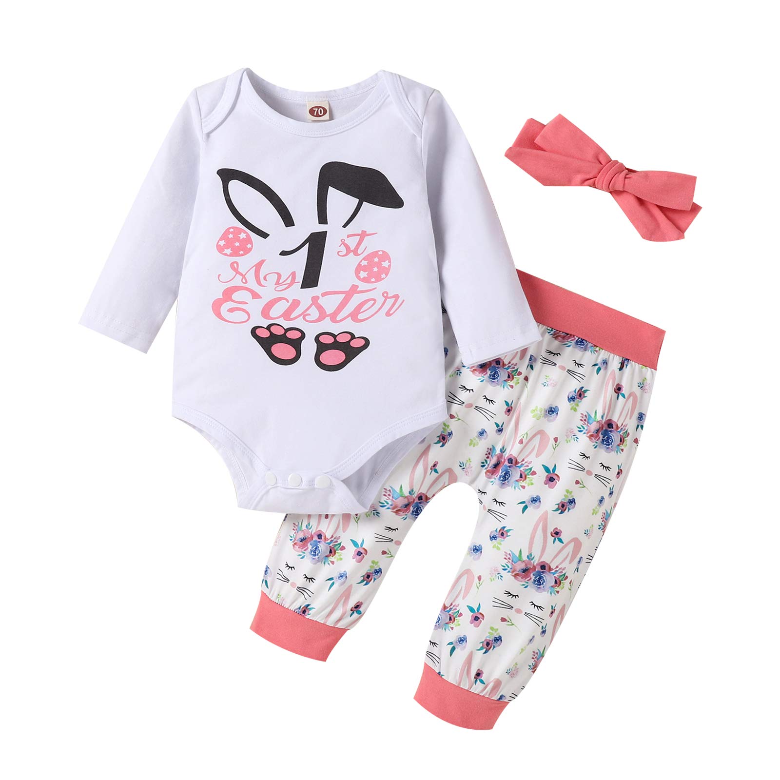 Newborn Infant Baby Girl My 1st Easter 3Pcs Clothes Set Long Sleeve Romper Bodysuit+Rabbit Pants+Headband Outfit (White, 6-12 Months)