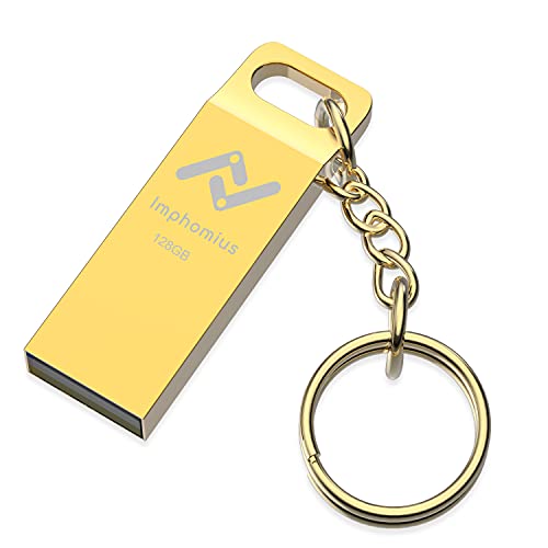 Imphomius 128GB Metal USB 2.0 Flash Drive with Keychain Waterproof and Dustproof Thumb Drive exFAT Memory Stick 128 GB Jump Drive for Storage and Backup, Gold