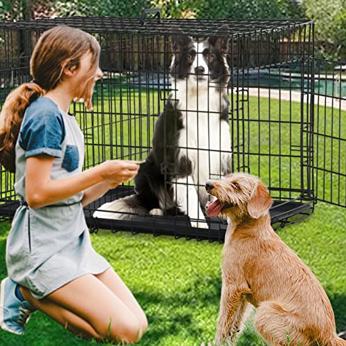 48 Inch Dog Crate Dog Cage for Large Dogs Folding Mental Wire Dog Kennel Outdoor and Indoor with Double-Door Divider Panel Removable Tray and Handle