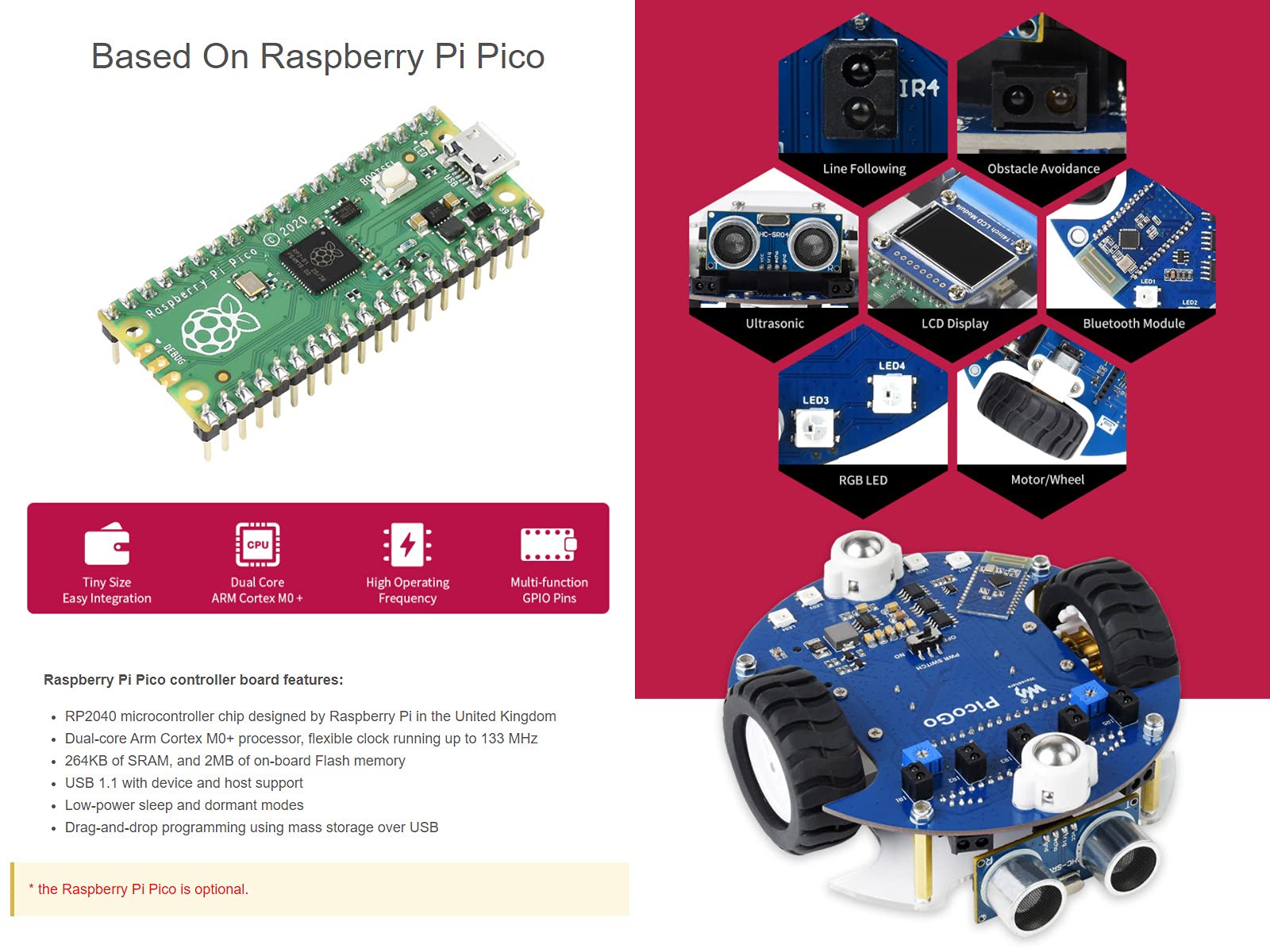 Waveshare PicoGo Mobile Robot - Raspberry Pi Pico Based, Self Driving, Remote Control, Unassembled