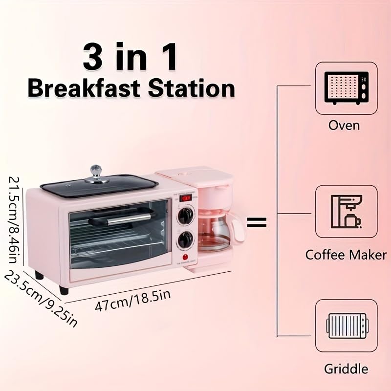 3 In 1 Breakfast Station With Coffee Maker,9L Multifunctional Toaster Oven Combo, Includes Coffee Maker, Non-Stick Griddle, and 4-Slice Toaster Oven - Versatile Breakfast Maker With Timer (pink)