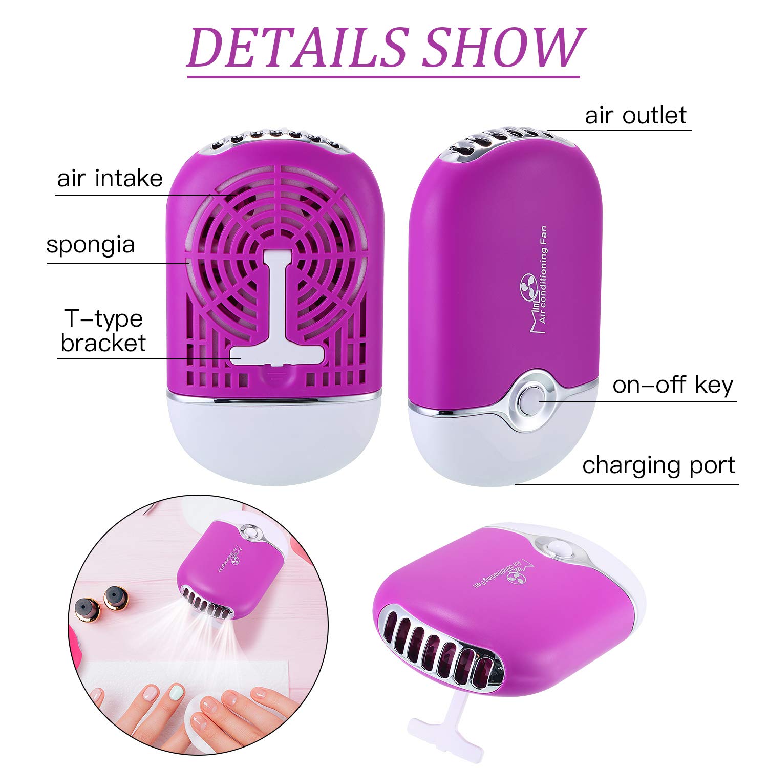 2 Pieces Mini Portable Fan USB Air Conditioning Blower Mini Air Conditioning Fan Mini Dry Fan Tool Eyelashes Dryer Fan for Eyelash Extension (Purple and Rose Red)