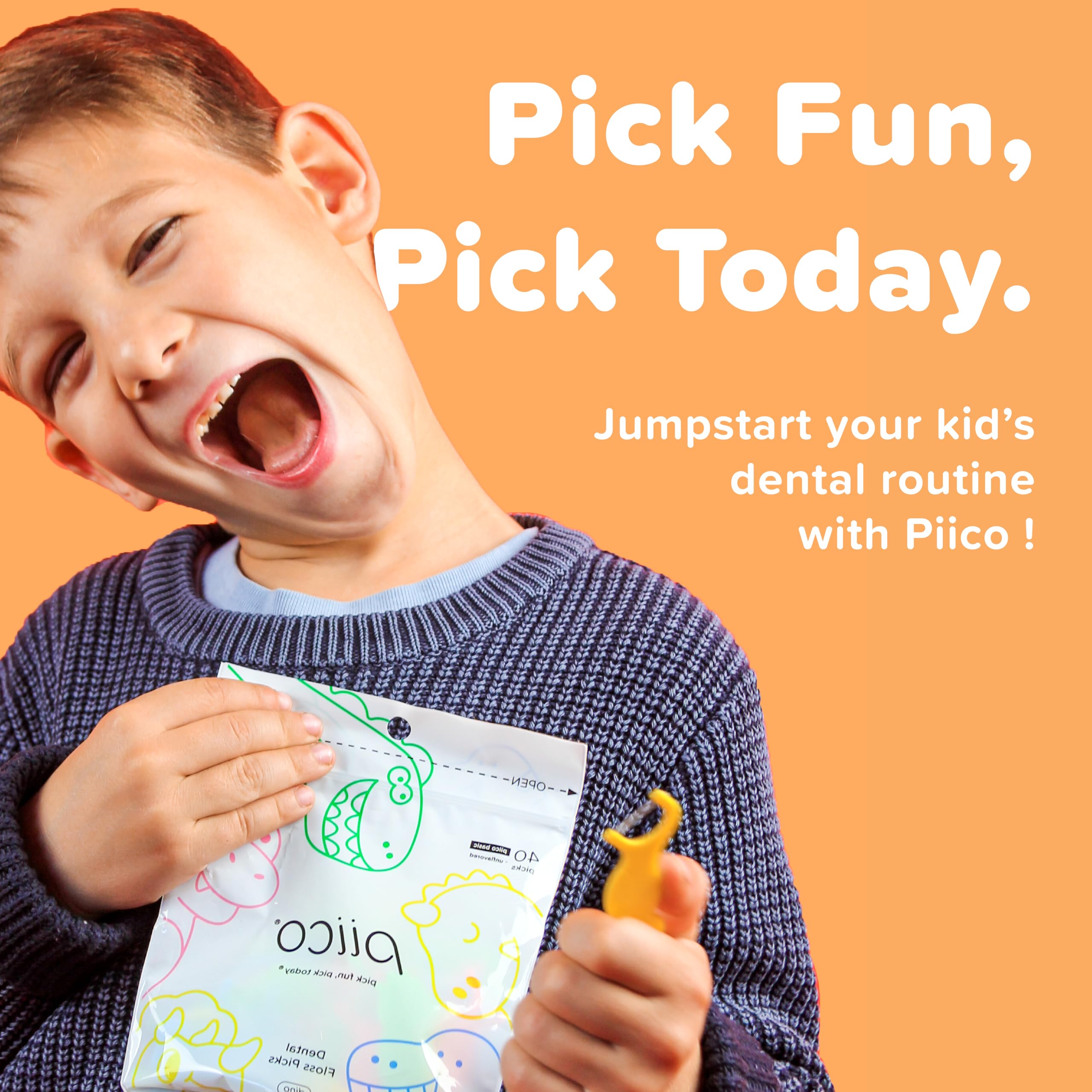 Piico Unflavored Kids Floss - No Fluoride Dual Line Dental Floss Picks - Fun Oral Care in Colorful Floss Sticks Design - Kids Flossers Avoid Tooth Decay & Gum Disease - 80 Count Dino