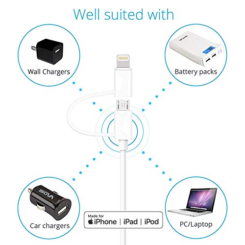 Apple MFi Certified 2 in 1 iPhone Charger Lightning Cable and Micro USB to USB Charger Cord, Compatible iPhone X, 8, 8 Plus,7 Plus, Android Data Cable 2 in 1 White(6FT)