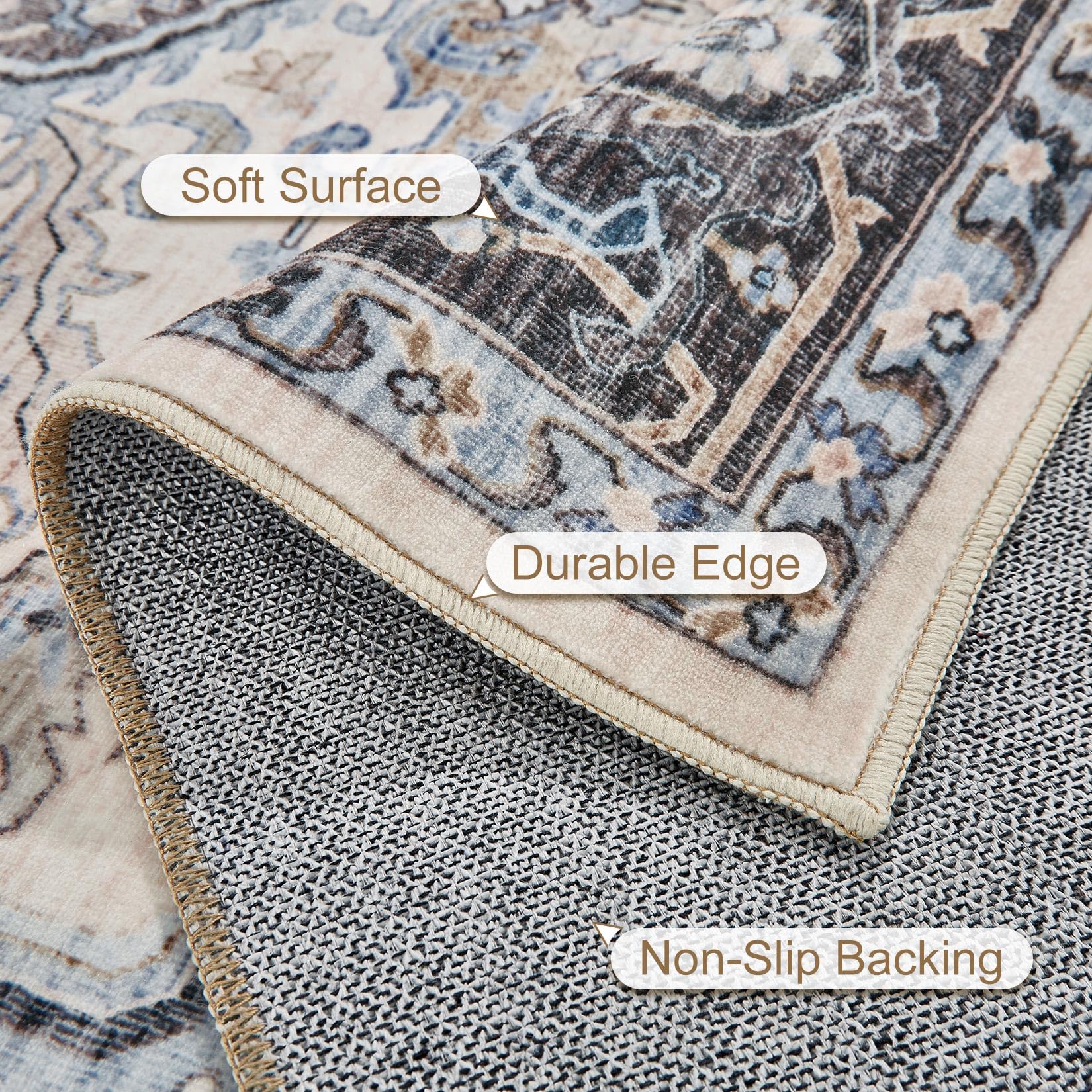Area Rug Living Room Rugs - 8x10 Soft Machine Washable Oriental Persian Floral Distressed Rug Large Indoor Floor Carpet for Bedroom Under Dining Table Home Office Decor - Cream Blue