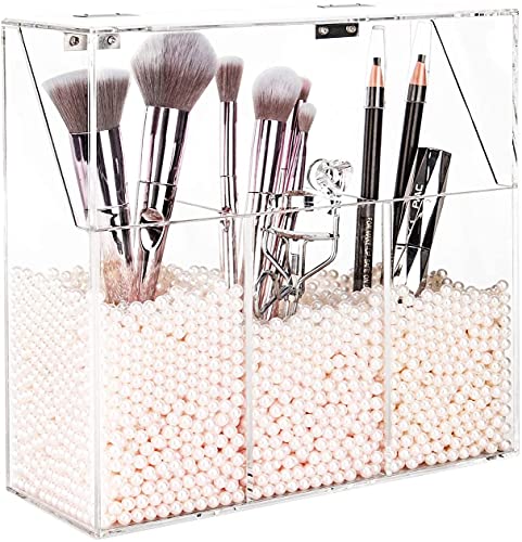 YestBuy Acrylic Makeup Brush Holder, Clear Makeup Brush Organizer For Vanity, Cosmetic Brush Storage Box with Pink Pearls, For Bathroom, Bedroom, Vanity Countertop