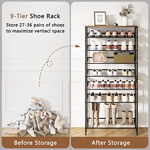 AEPOALUA Shoe Rack, 9-Tier Shoe Organizer, Tall Shoe Storage for Entryway, Closet, Garage, Large Shoe Rack Storage Organizer, Set of 2 5-Tier add 4-Tier Stackable Shoe Shelf, Industrial, Rustic Brown