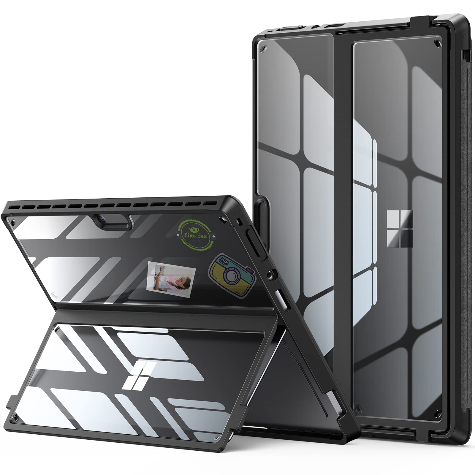 INFILAND Case Compatible with Microsoft Surface Pro 8, High Clear Transparent Shockproof Robust Portable Protective Case Multi-Angle Adjustable Stand for Surface Pro 8 13 Inch 2021 Tablet, Black