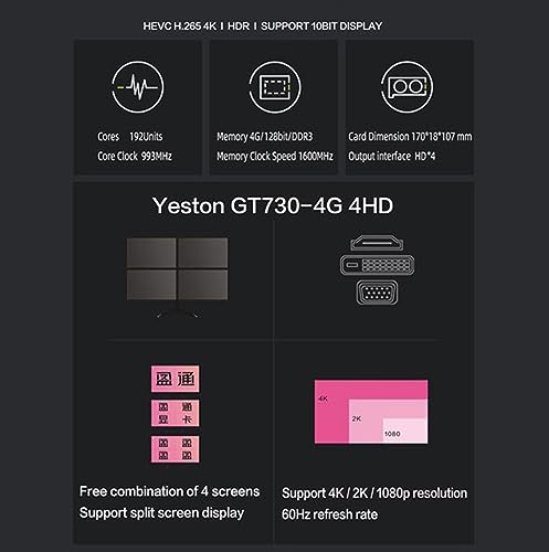 Yeston GT730 4GB 4HDMI Gaming Graphics Cards ,128 bit DDR3 993/1600MHz 4-Screen Graphics Card Support Split Screen 10bit Color Depth HDR with 4 HDMI Ports