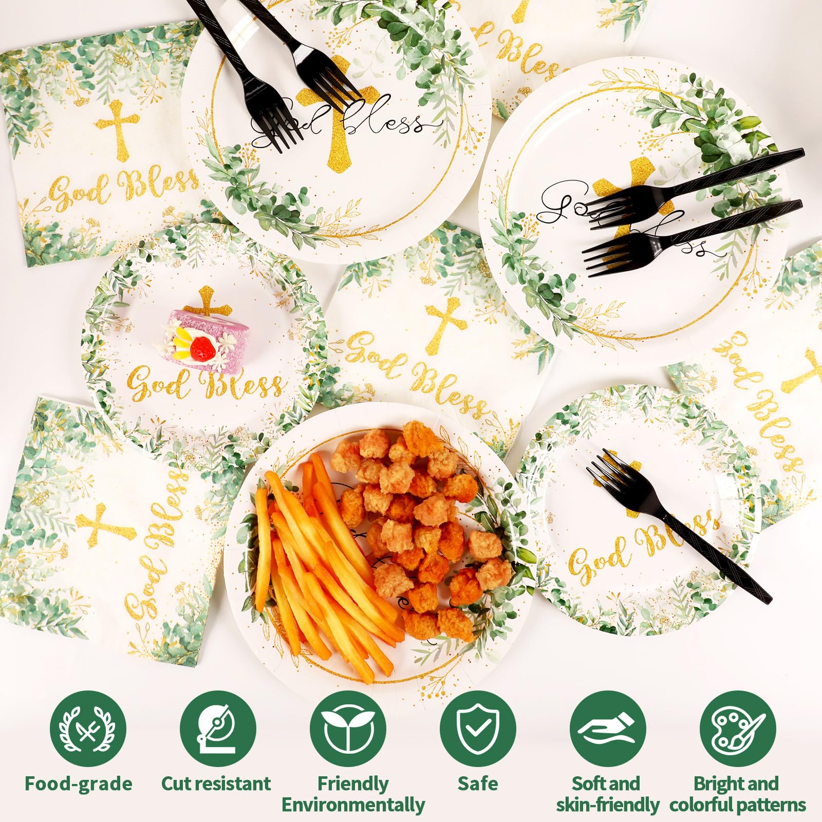 98pcs God Bless Plates Baptism Tableware First Holy Communion Mi Bautizo Disposable Tableware Set with Plates Napkins Tablecloth for Newborn Baby Shower Party Christening Religious Party Decorations