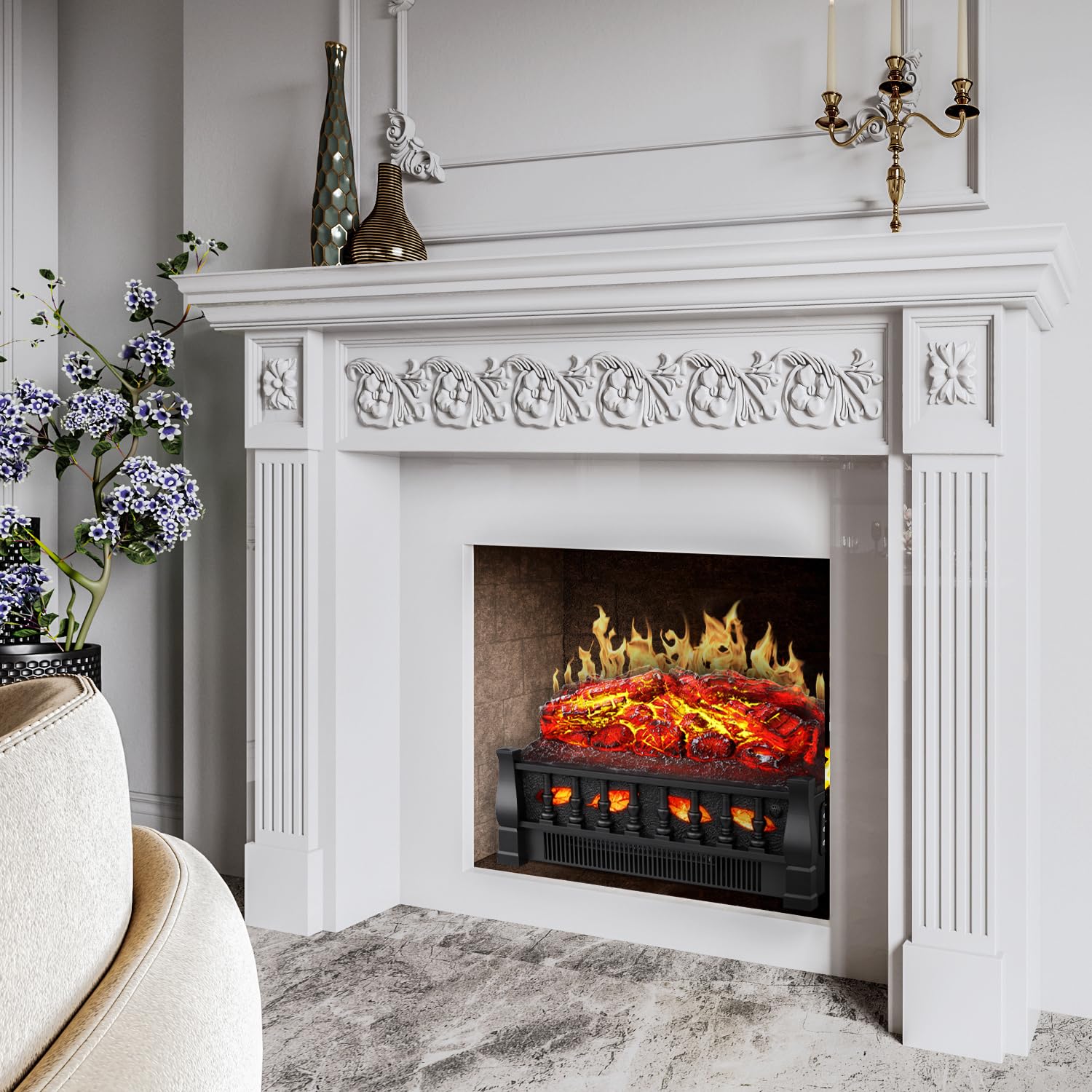 20" Electric Fireplace Heater with Realistic Flame Remote Control for Indoor Use, 750W/1500W Power Smoldering Logs, Black