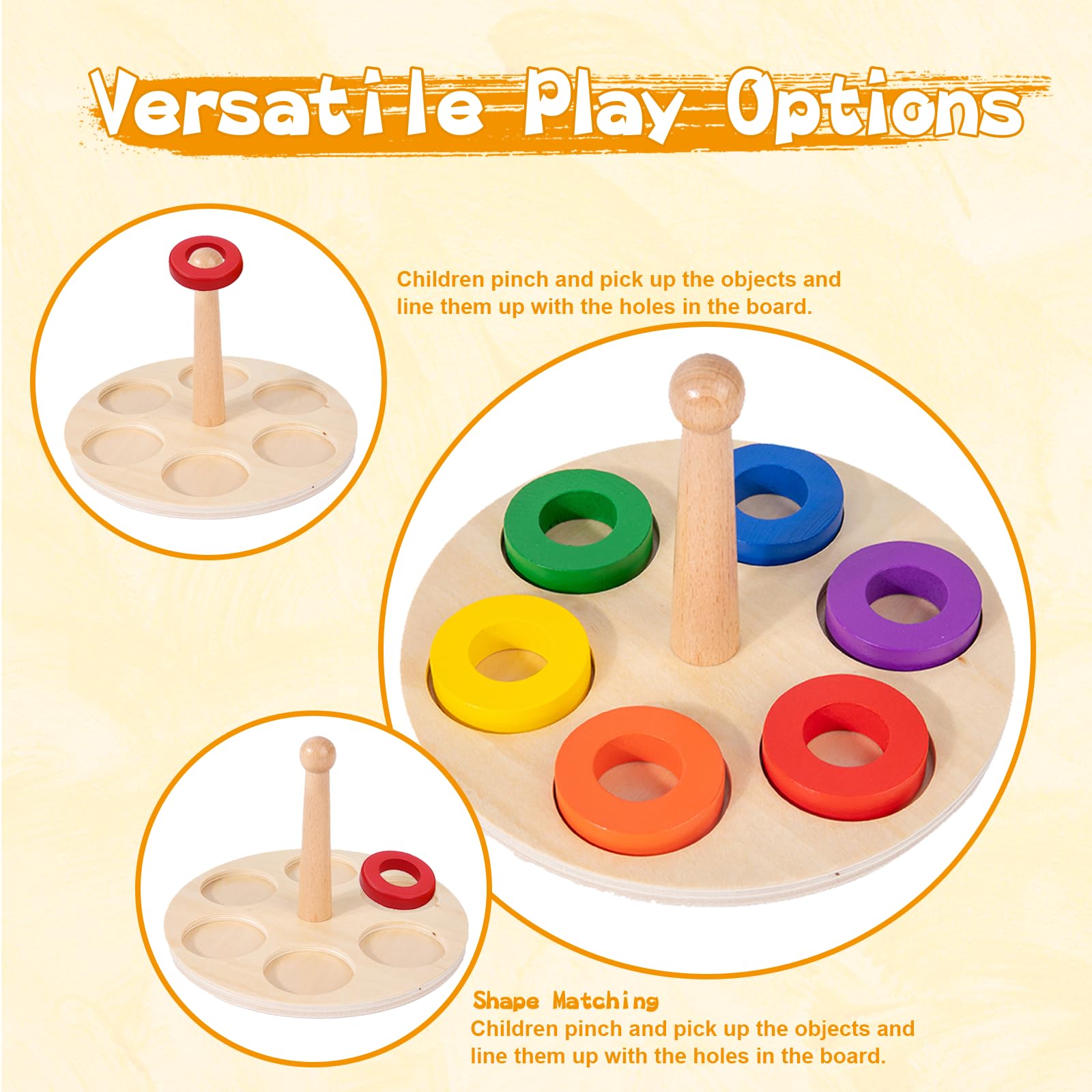 Adena Montessori 6 Rings on Peg Baby Toys for 1 Year Old Infant Toddlers