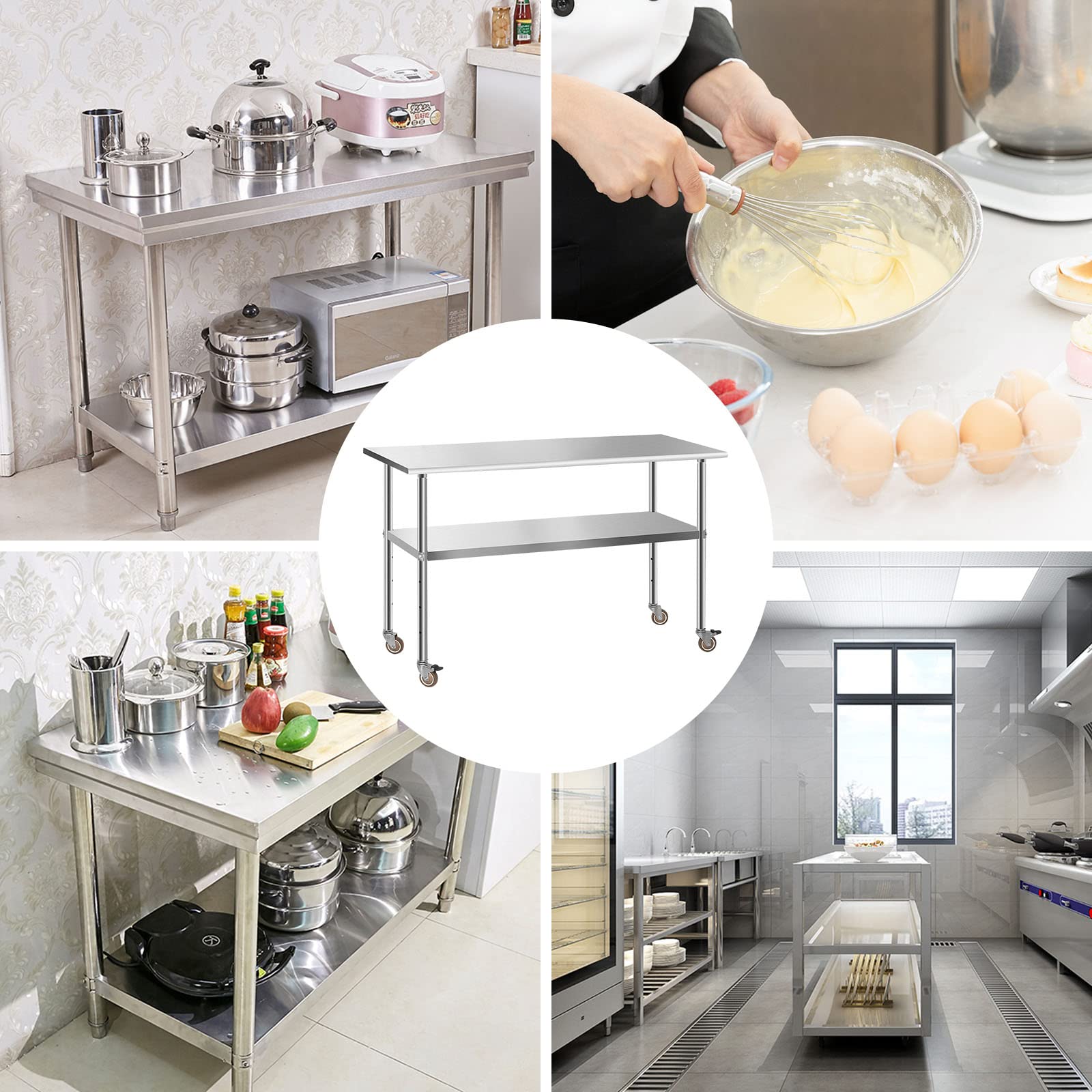 apwang Stainless Steel Work Table 24 x 62 Inch, Commercial Kitchen Prep & Work Table Heavy Duty Prep Worktable Metal Work Table with Wheels for Restaurant, Home and Hotel