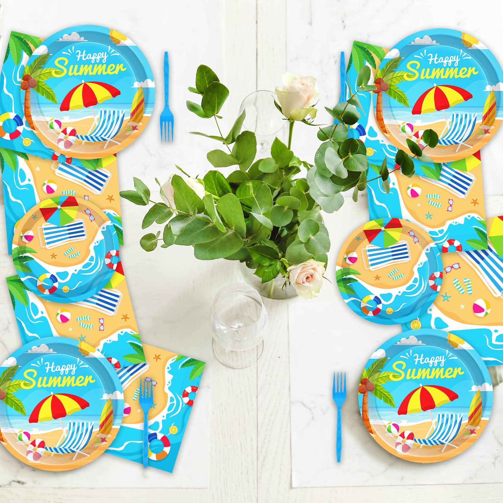 200 Pieces Beach Party Supplies Summer Birthday Party Decorations Disposable Paper Plates Napkins Forks Dinnerware Tableware Set Beach Party Decoration Favors For Kids Serves 50