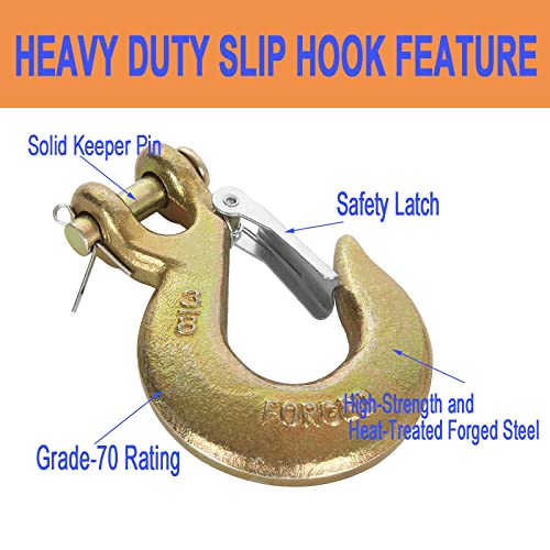 Accoladesound 2PCS 3/8 Inch Clevis Slip Hook with Safety Latch, G70 Forged Steel for Trailer, Heavy Duty Chain Hooks Deck Hauler Receiver Hitches Trailer,18,000lbs Capacity, Gold