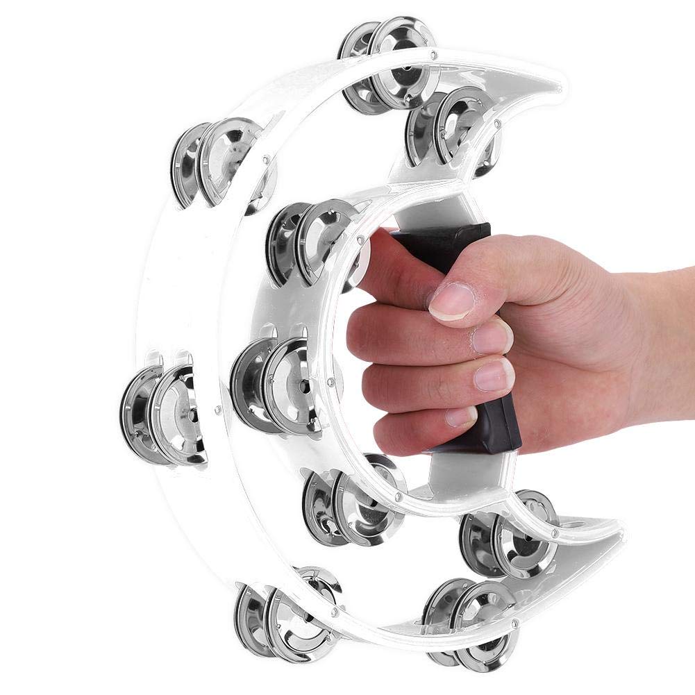 Alomejor Tambourine Half Moon Hand TambourineDouble Row Jingles Tambourine for Musicians Singers Music Classes Bands(White)