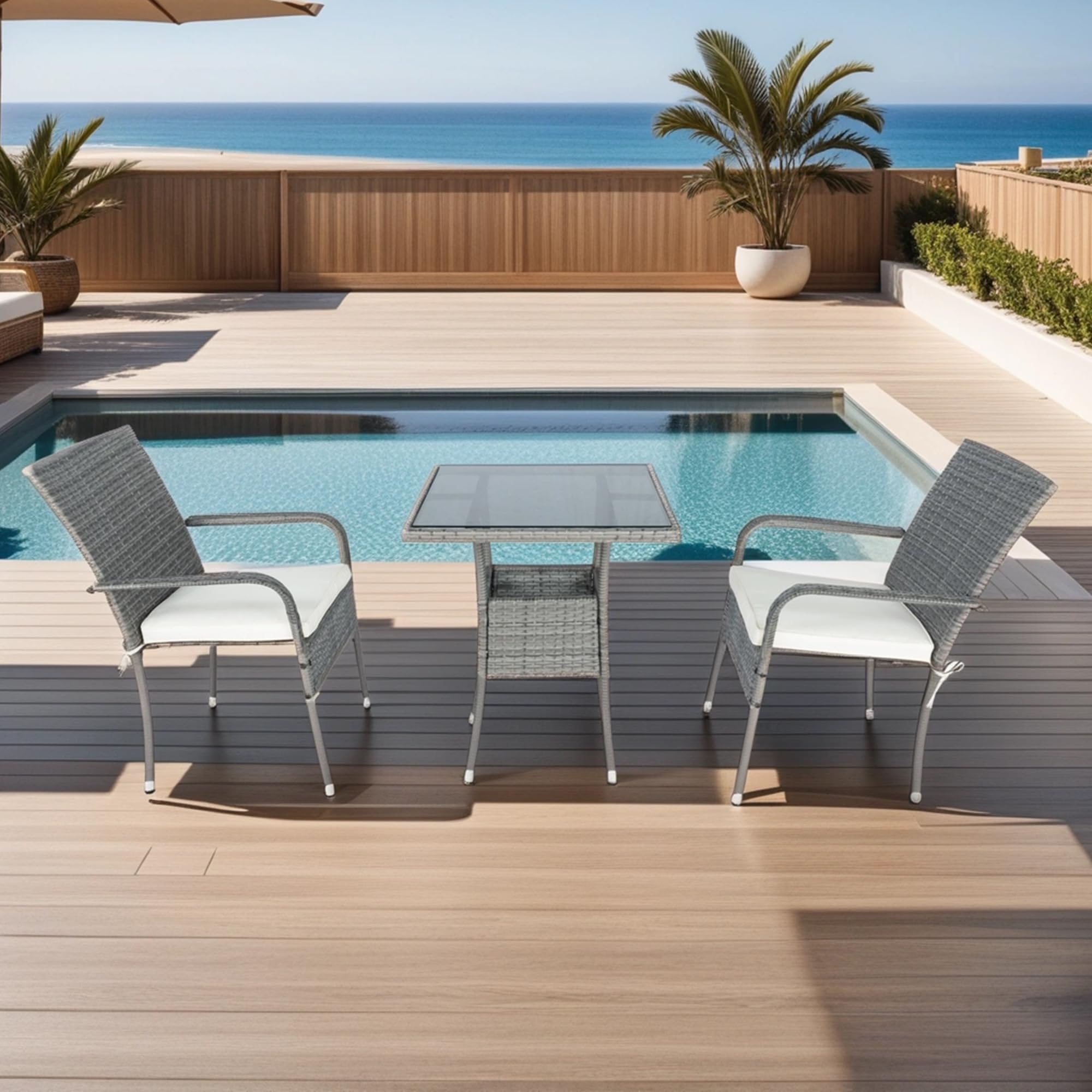 3 Piece Patio Conversation Set, Wicker Garden Bistro Set, Waterproof Outdoor Furniture Set Patio Table and Chairs, Rattan Outdoor Conversation Set with Cushions, Coffee Table (3 Pieces)
