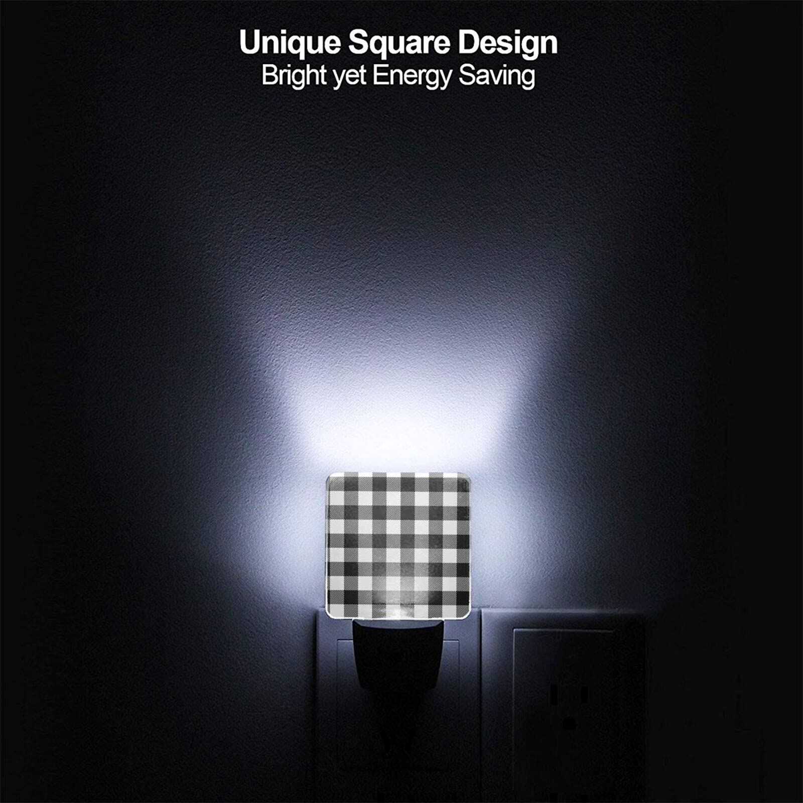 Night Light 2 Pack White and Black Buffalo Check Plaid Classic Led Lamp Plug in Wall Auto Dusk to Dawn Sensor Nightlight Decorative Bedroom, Toilet, Kids Room, Nursery, Hallway, Stairway, Bathroom