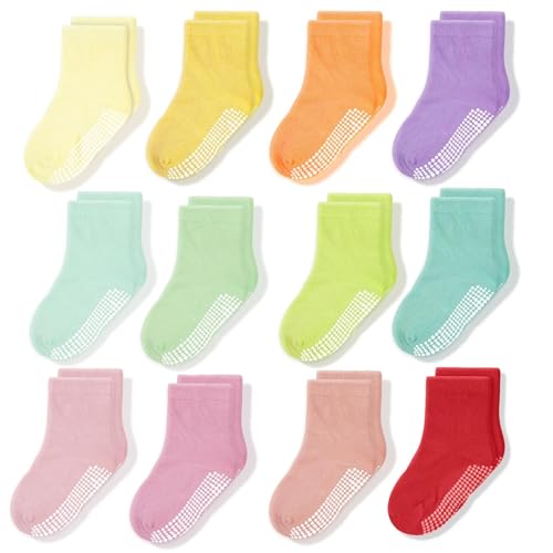 CozyWay Toddler Boy Socks With Grippers Non Slip Crew Grip Socks for Boys Soft Comfy Cotton - 3T-5T Multi Color Cars - 12 Pack