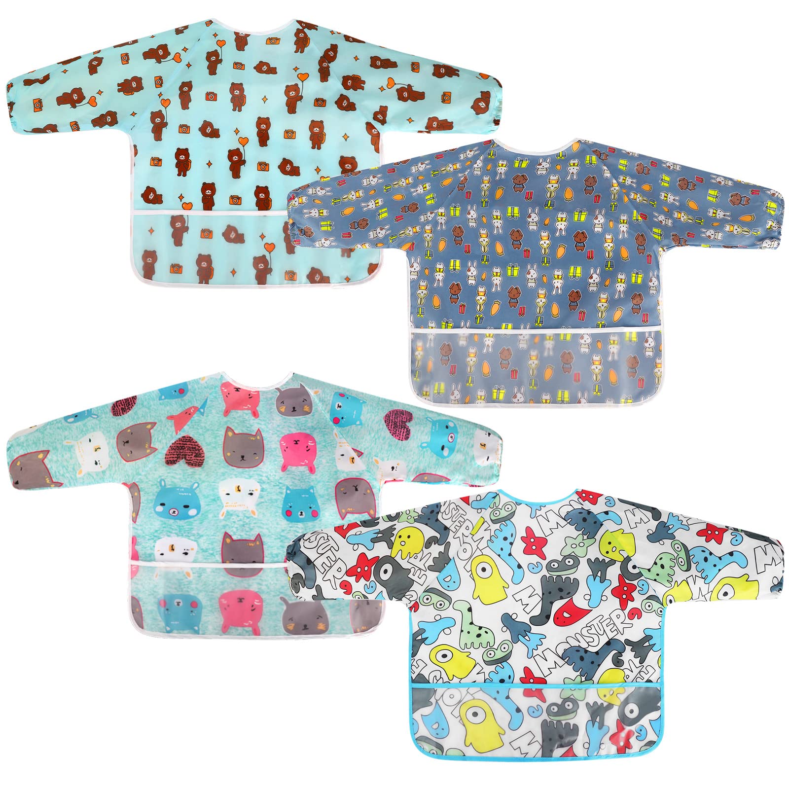 Accmor 4 Pcs Baby Long Sleeve Bibs, Waterproof Baby Bibs with Pocket, Toddler Sleeved Bib, Baby Smock for Eating Feeding, 24-36 Months
