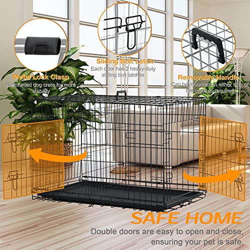 48 Inch Dog Crate Dog Cage for Large Dogs Folding Mental Wire Dog Kennel Outdoor and Indoor with Double-Door Divider Panel Removable Tray and Handle