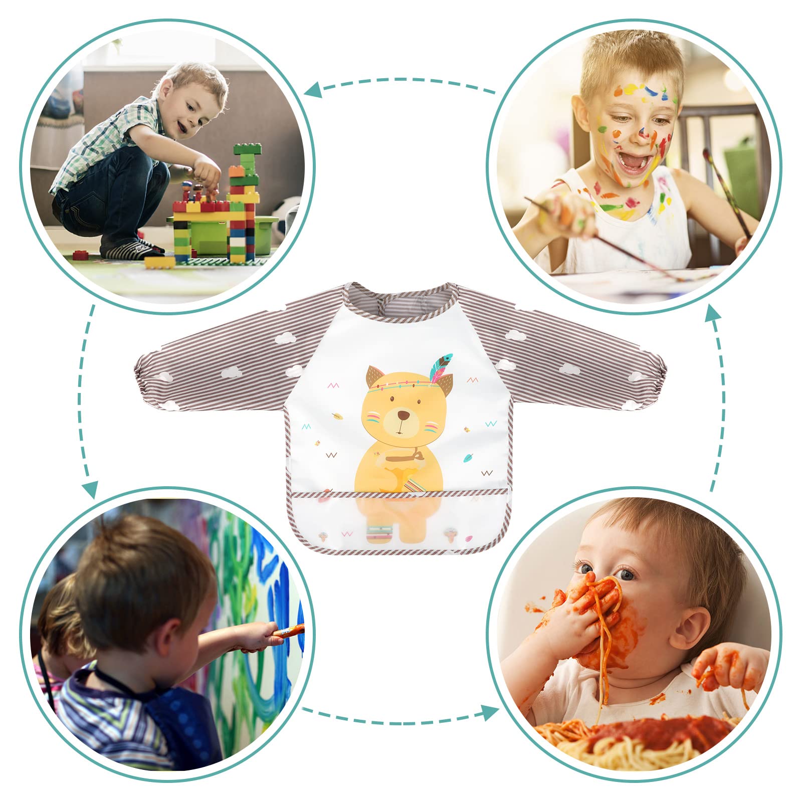 Accmor 5 Pack Long Sleeve Baby Bibs, Waterproof Sleeved Bibs for Eating Feeding, Toddler Baby Girls Boys Smock Bibs for 6-36 Months
