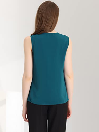 Allegra K Sleeveless Work Top for Women's Elegant Pleated Chiffon V Neck Blouse Shirt Large Peacock Blue