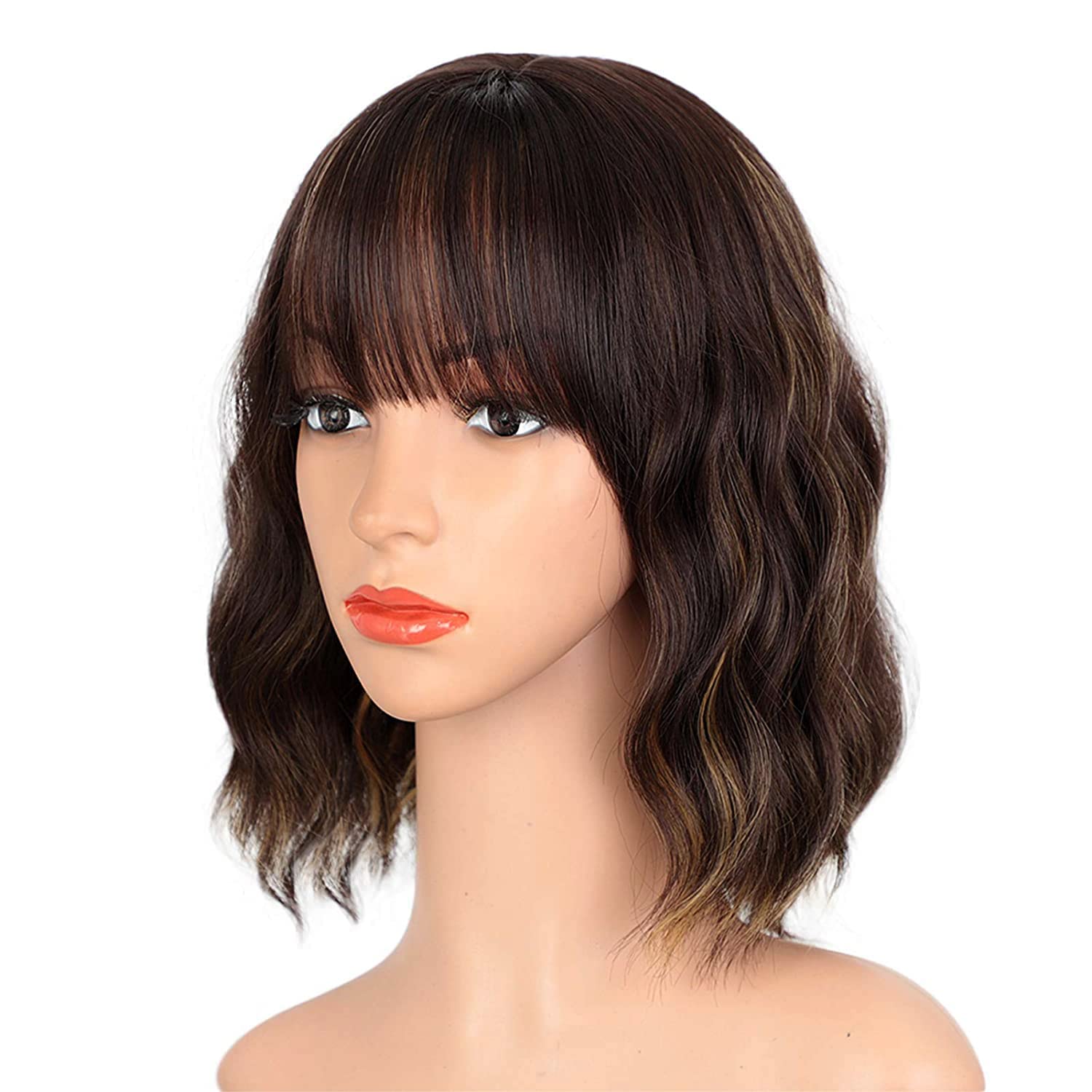 ENTRANCED STYLES Dark Brown Wigs for Women, Blonde Highlights Wig Natural Looking Short Wavy Bob Wig with bangs Medium Length Heat Resistant Synthetic Wig Daily Party Use 12”
