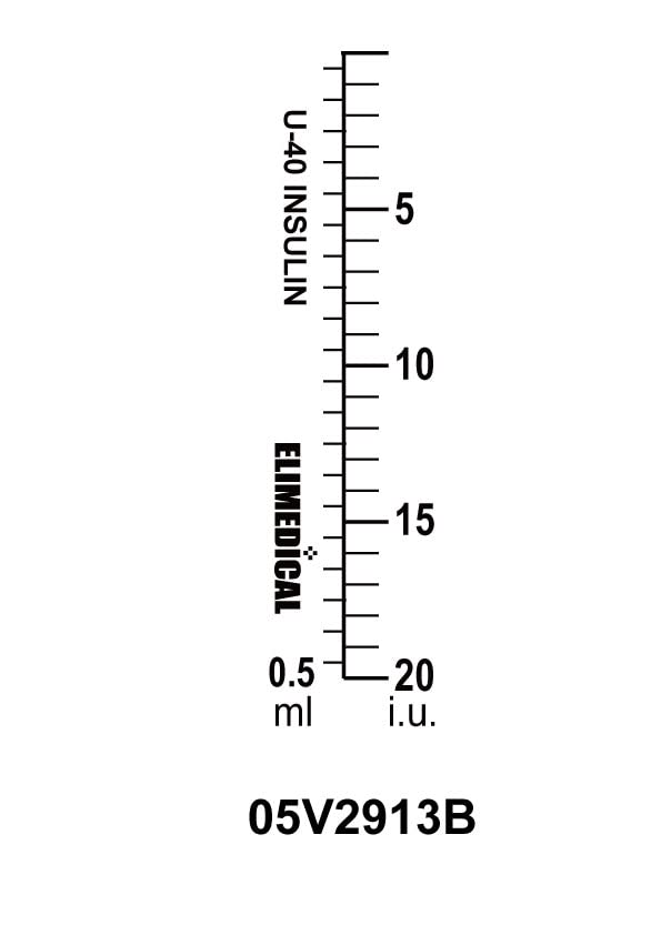 Elimedical Veterinary Insulin Syringe, U-40 (40IU), 0.5cc (ml), 29g x ½ inch (12.7mm), Half Unit Marking, Individually Packed, for Pet Cat or Dog, 100 per box, 05V2913B